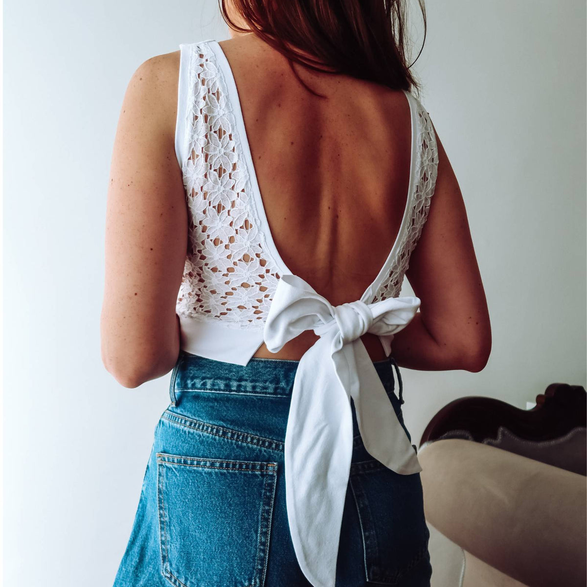 White Lace Back Crop Top – Sophie Cameron Davies